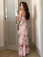 China The New Custom French Light Style Backless Sleeveless Slim Long Printed Halter Dress for sale