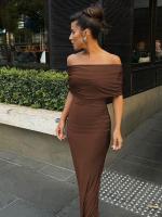 China Custom One - line Shoulder Pleat Dress Slimming Slit Bottom Skirt Dress Woman for sale