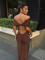 China Custom One - line Shoulder Pleat Dress Slimming Slit Bottom Skirt Dress Woman for sale
