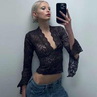 China New Sexy Deep V Slim-fit Everything Short Crop Custom Lace Long Sleeve Spice Girl Style Lace Top for sale