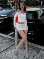 China New Fashion Custom Three-dimensional Flower Line Shoulder Long Sleeve Top Oblique Shoulder Crop T-shirt Woman for sale