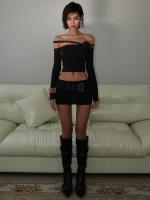 China New Fashion Custom Three-dimensional Flower Line Shoulder Long Sleeve Top Oblique Shoulder Crop T-shirt Woman for sale