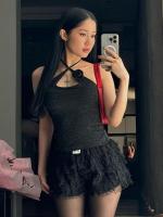 China New Fashion Sexy Spice Embroidered Lace Up Halter Slim Waist Solid Color Vest for sale