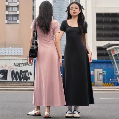 China Fashion Street Photo Slim Solid Color U - neck Short - sleeved Dress for sale