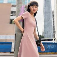 China Fashion Street Photo Slim Solid Color U - neck Short - sleeved Dress for sale