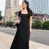 China Fashion Street Photo Slim Solid Color U - neck Short - sleeved Dress for sale