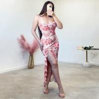China New floral print ruffled high slit halter fashion dress for sale