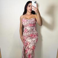 China New floral print ruffled high slit halter fashion dress for sale