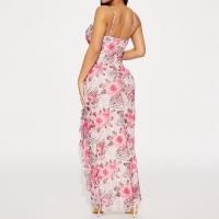 China New floral print ruffled high slit halter fashion dress for sale