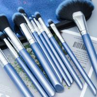 China 10-Piece Luxury Cosmetic Brush Set Pearly Blue Wood Handle Synthetic Bristles for sale