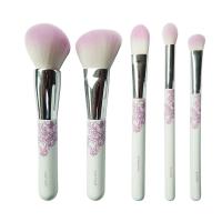 China Custom Logo Travel Cosmetic Brush Set 5 Pieces Pink Flower Patterned Wooden Handle for sale