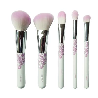 China Custom Logo Travel Cosmetic Brush Set 5 Pieces Pink Flower Patterned Wooden Handle for sale