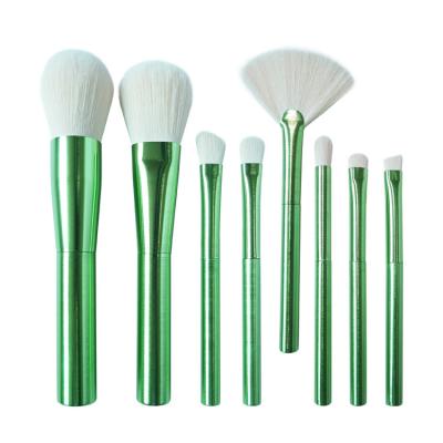 China Bright Green Oval Makeup Brush Set 8 Pieces White Synthetic Hair Aluminum Handle for sale