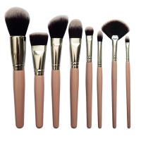 China 8 Piece Pink Wooden Handle Makeup Brush Set with Aluminum Ferrule Synthetic Hair for sale