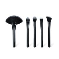 China 5Pcs Shiny Black Wooden Handle Foundation Fan Brush Set Private Label Makeup Brushes for sale