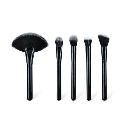 China 5Pcs Shiny Black Wooden Handle Foundation Fan Brush Set Private Label Makeup Brushes for sale