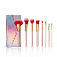 China 8 Piece Travel Makeup Brush Set Pink Wooden Handle Synthetic Hair with Rainbow Bag for sale