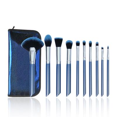 China 10 Piece Blue Wooden Handle Makeup Brush Set Vegan Synthetic Bristles 10pcs for sale