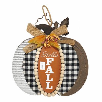 China Custom Hello Fall Plaid Pumpkin Hanging Door Sign for sale