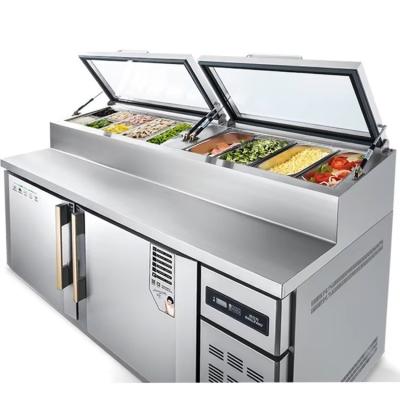 China Commercial Pizza Salad Preparation Table Stainless Steel Customizable Sandwich Fruit Salad Workbench with Refrigerator for sale