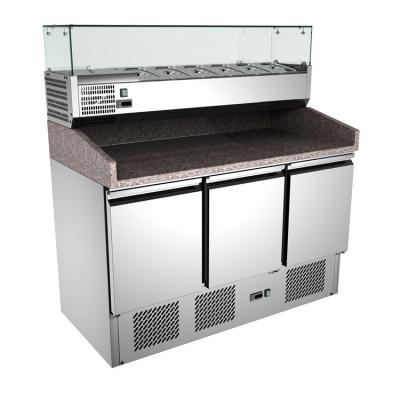 China Commercial Kitchen Pizza Salad Prep 201/304 Table Large Capacity Stainless Steel  Refrigerator Marble Surface Workbench for sale