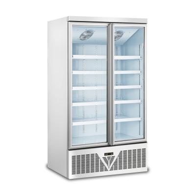 China Commercial Double-Door Vertical Chiller Ice Cream Freezer with Adjustable Shelves LED Lighting Supermarket Cold Storage Display for sale