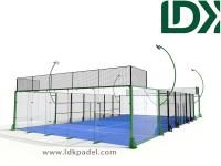 China Panoramic Glass Padel Court with Green Frame and Blue Turf for sale