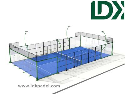 China Panoramic Glass Padel Court with Green Frame and Blue Turf for sale