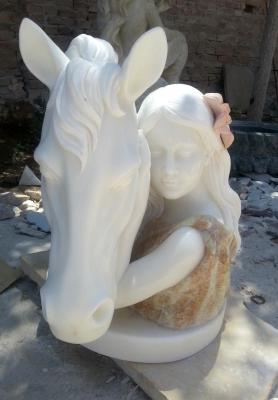 China Hand Carved Marble Horse Bust Sculpture with Floral Crown 60cm for sale