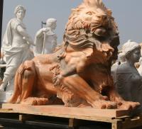 China Pink Marble Lion Statue 200cm Hand Carved Animal Sculpture for Garden Decoration for sale