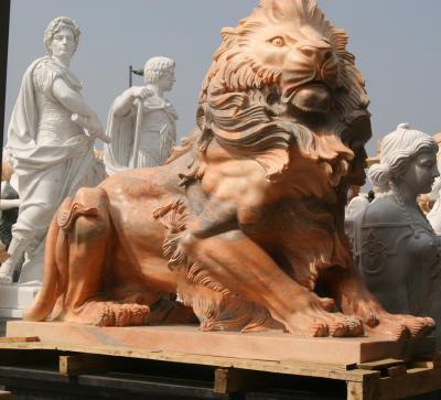 China Pink Marble Lion Statue 200cm Hand Carved Animal Sculpture for Garden Decoration for sale