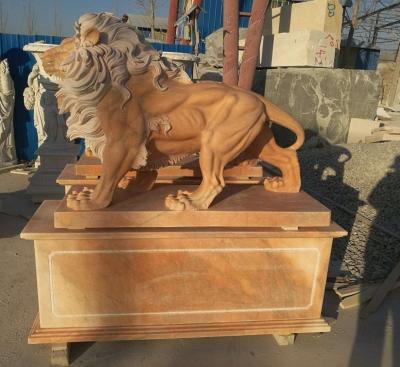 China Pink Marble Walking Lions Statue Garden Decoration 200cm Custom Size Stone Animal Sculpture for sale