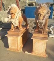 China Pink Marble Walking Lions Statue Garden Decoration 200cm Custom Size Stone Animal Sculpture for sale