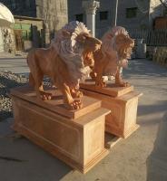 China Pink Marble Garden Decoration Stone Walking Lions Animal Sculpture 200cm Custom for sale