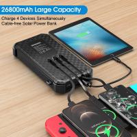 China IPX5 Waterproof Portable Solar Powered Power Bank Charger 26800mAh With 3 Built-In Cables for sale