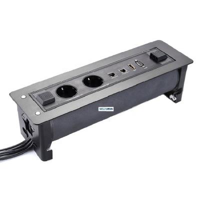 China ODM Motorized Desk Flip Socket with 2 German Power Ports, Network, Telephone, DP and VGA Connectivity for Conference Tables for sale