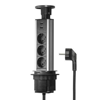 China Tower Power Retractable Pop Up Desk Socket with 3 AC Outlets and 2 USB Ports, 3500W Max Power, 150cm Cable for sale