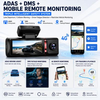 China 3‑Channels AI 4G Dash Camera 4K Front, ADAS & DMS, GPS Tracking, 24/7 Parking Monitor for sale