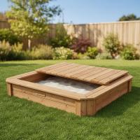 China Weather-resistant Cypress Pellet Sand Pit with Lid and 4 Built-in Seats for Outdoor Play for sale