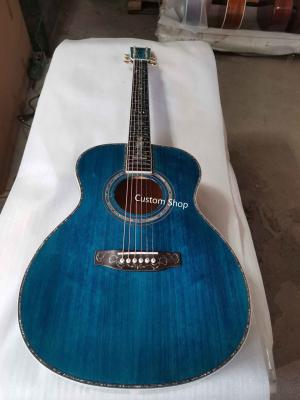 China Custom OM45 Blue Quilted Maple Acoustic Guitar 14 Frets Scalloped X Bracing Full Abalone for sale