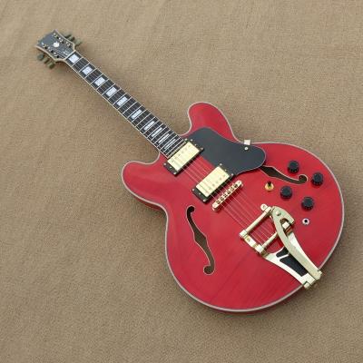 China Hollow Body Electric Guitar Quilt Flame Top Back Natural Wood Gold Hardware 22 Fret for sale