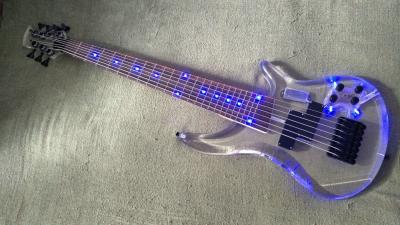 China 7 Strings Electric Bass Guitar Clear Acrylic Body Rosewood Fingerboard 24 Fret Blue LED for sale