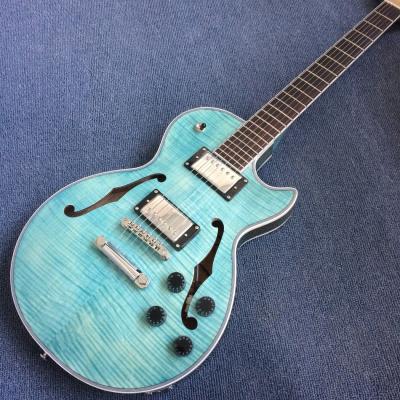 China Custom Electric Hollow Body Jazz Guitar Flame Maple Top Blue 22 Fret Mahogany Body for sale