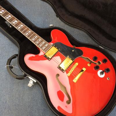 China Hollow Body Jazz Electric Guitar Mahogany 22 Fret Double F Holes Red Finish for sale
