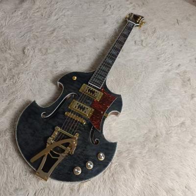 China Custom F Hole Hollow Body Electric Guitar Gretsch Style Bigsby Tremolo Transparent Black OEM Bass for sale
