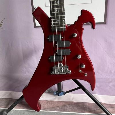 China Custom 4 String Irregular Body Electric Bass Guitar Metallic Red Solid Maple Neck 34 Inch Scale for sale
