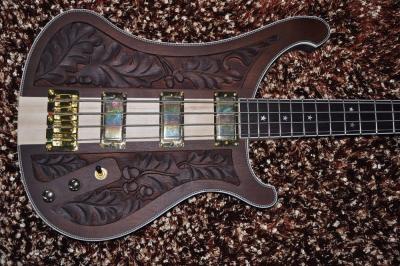 China Custom 4 String Electric Bass Guitar Carved Flower Body Neck Through Mahogany 22 Fret Golden Hardware for sale