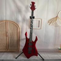 China Custom Irregular Body Shape Transparent Red Electric Bass Guitar 4 Strings Basswood 34 Inch Scale for sale
