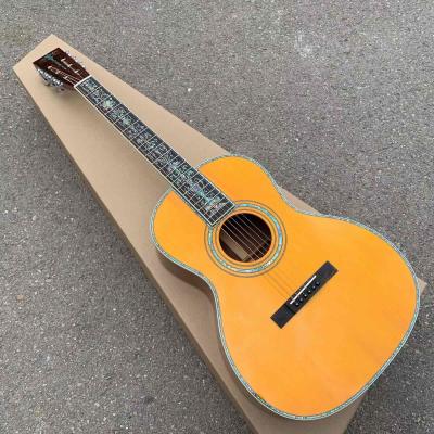 China Solid Spruce Top 39 Inch 000 Type Acoustic Guitar Yellow Painting Abalone Ebony Open Headstock for sale
