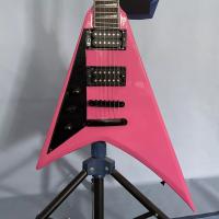 China Left Handed Pink Swallow Tail V Electric Guitar 22 Fret Open Pickups Solid Body for sale